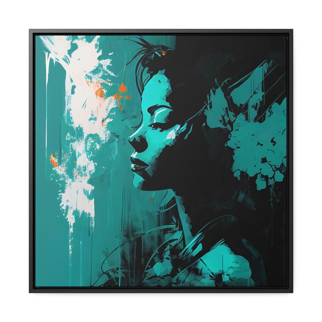 Teal and Black Abstract Art Woman in Teal Abstract Square Canvas and ...
