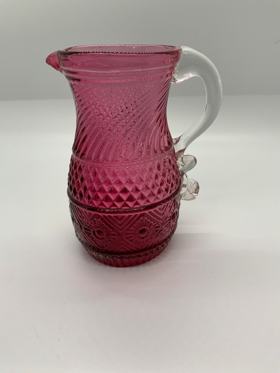 Vintage Pilgrim Cranberry Glass Pitcher, Swirl & Waffle Pattern, MCM - Etsy