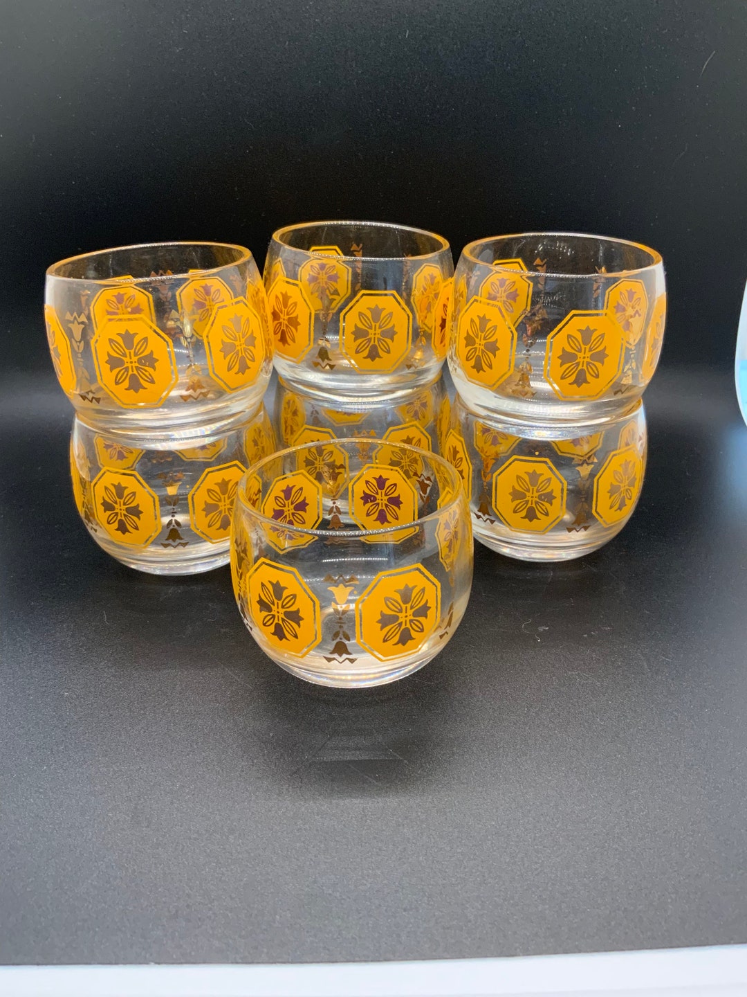 Federal Glass Roly Poly Yellow and Gold Glasses Vintage - Set of 7 - Etsy