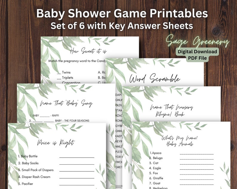 Baby Shower Games - Sage Greenery Theme PDF (set of 6 Games & Answer ...