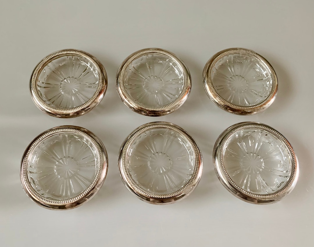 LEONARD Italy Silver Plated Glass Vintage Drink Coasters Set of 6 ...