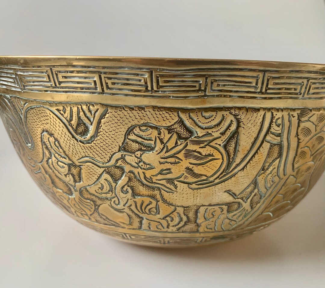 Antique CHINESE BRASS Heavy Large BOWL Signed With Beautiful Etched ...