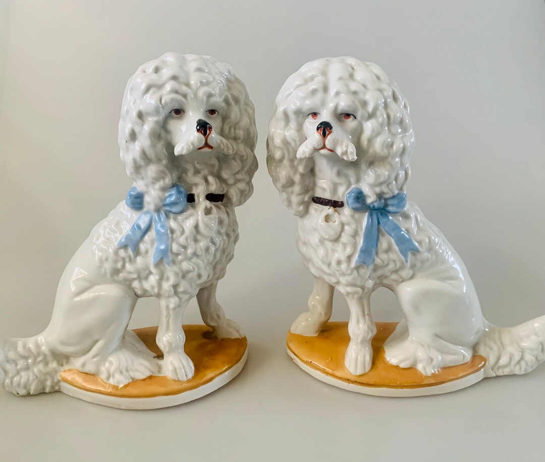 Rare Pair of Antique POODLE Dogs VICTORIAN Staffordshire Mantle / Wally ...