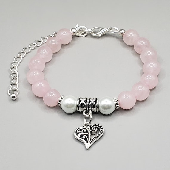 Rose Quartz Pearl Bracelet Rose Quartz Bracelets Gemstone Bracelet Heart Charm Natural Rose Quartz Charm Bracelet Love Bracelets Etsy