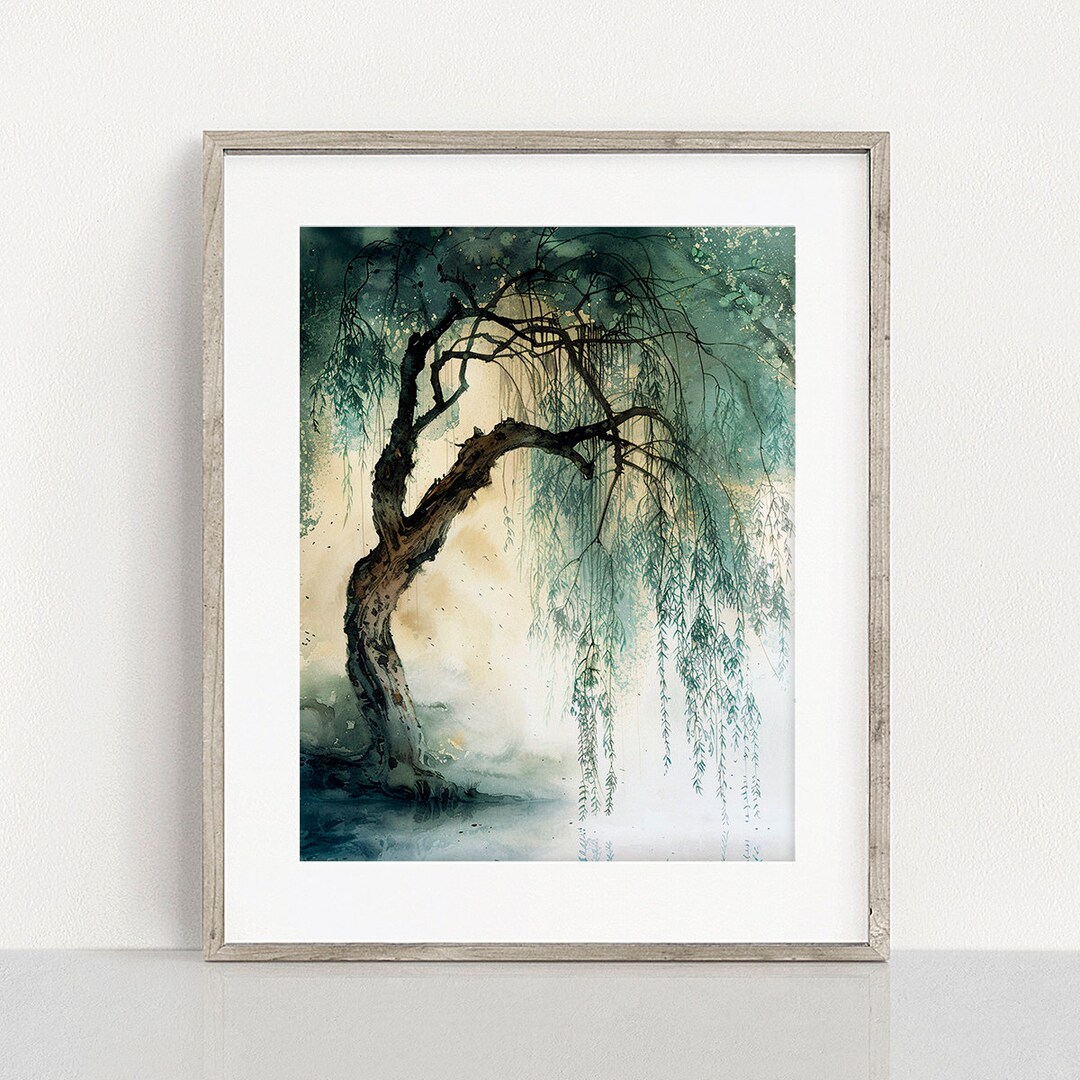 Weeping Willow Watercolour Landscape Print, Muted Colours Tree Wall Art ...