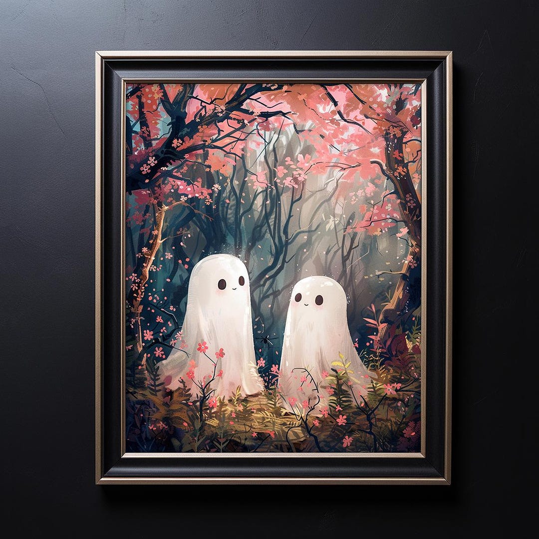 Cute Ghosts Print, Pink Cherry Blossom Ghost Friends, Nursery Wall ...