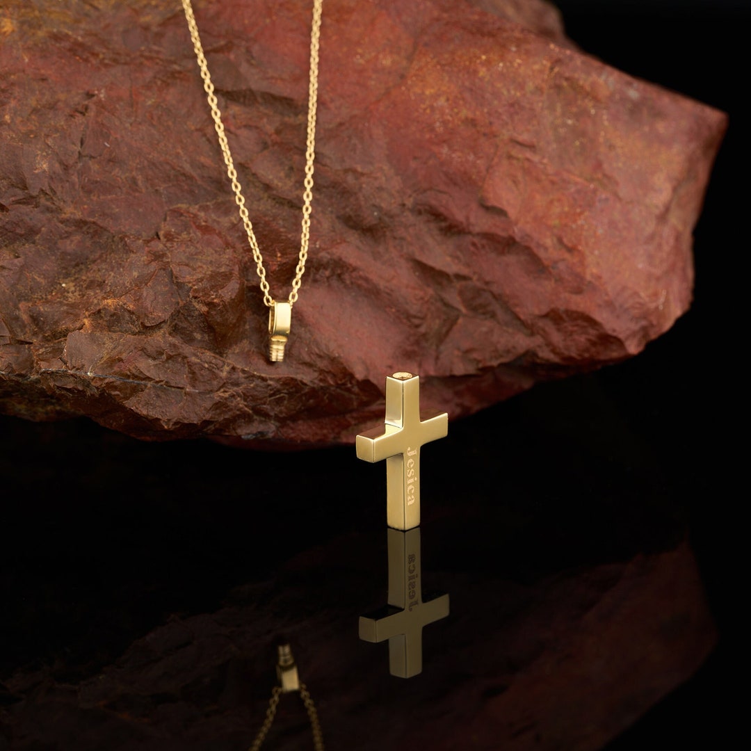 Engraved Cross Cremation Urn Necklace Personalized 14K Gold Necklace ...