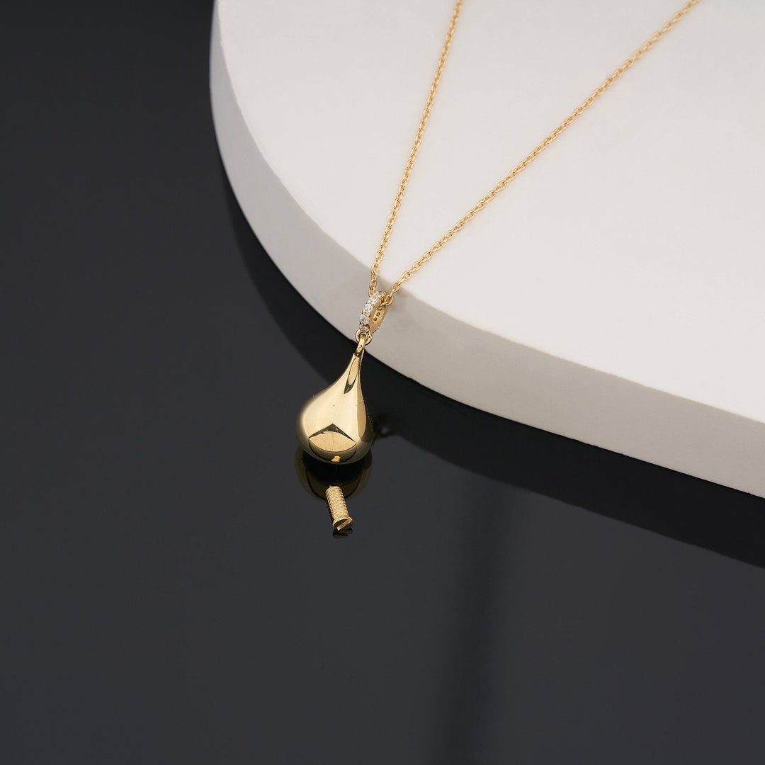 14K Diamond Gold Tear Drop Cremation Urn Necklace Human Ashes Necklace ...