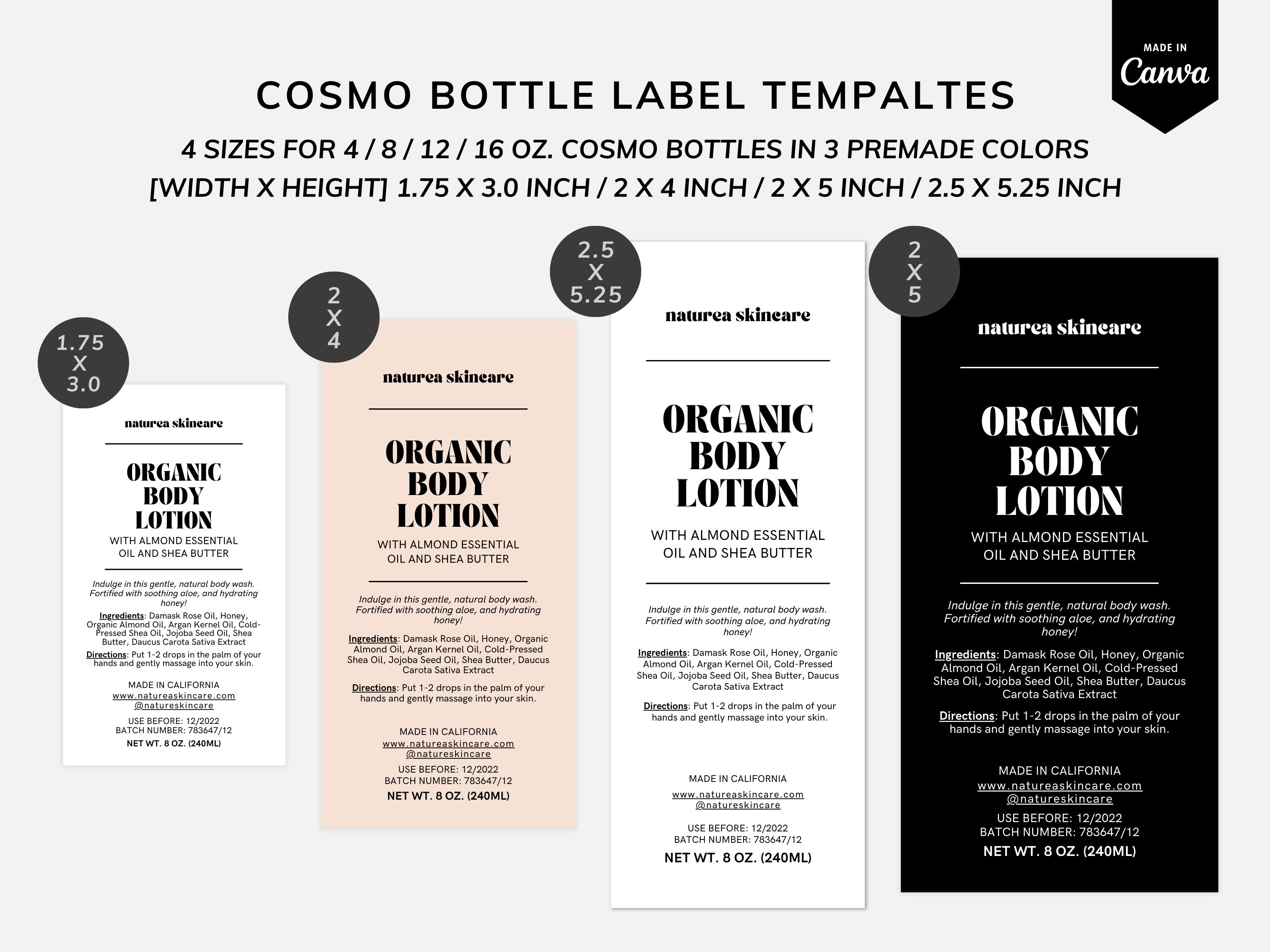Cosmo Bottle Label Template, Front Cosmetic Bottle Label, 8oz & 16oz ...