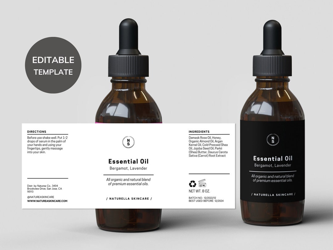 Editable Dropper Bottle Label, Essential Oil Template CANVA DYI, Floral ...