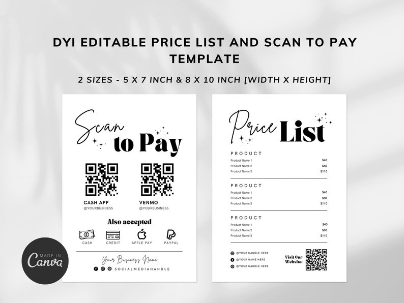 Scan to Pay and Price List Template Canca, QR Code Sign, Customizable ...