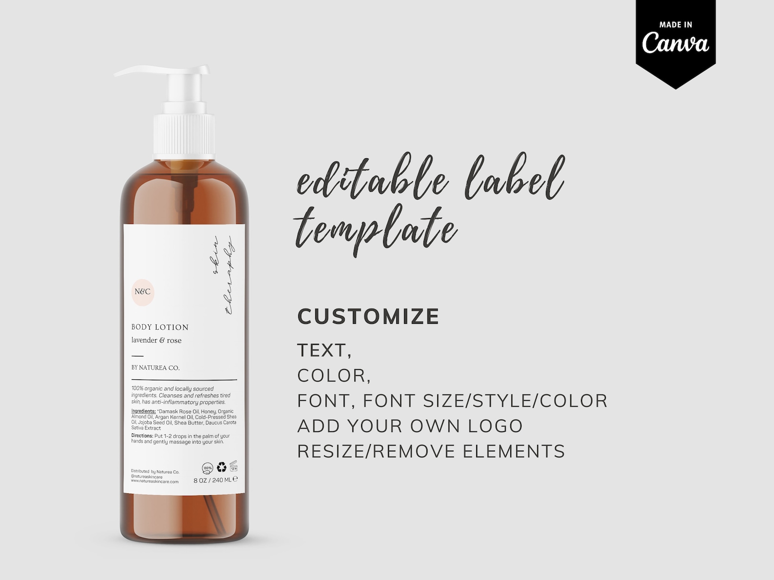 Cosmo Bottle Label Template, Front Cosmetic Bottle Label, 8oz & 16oz ...
