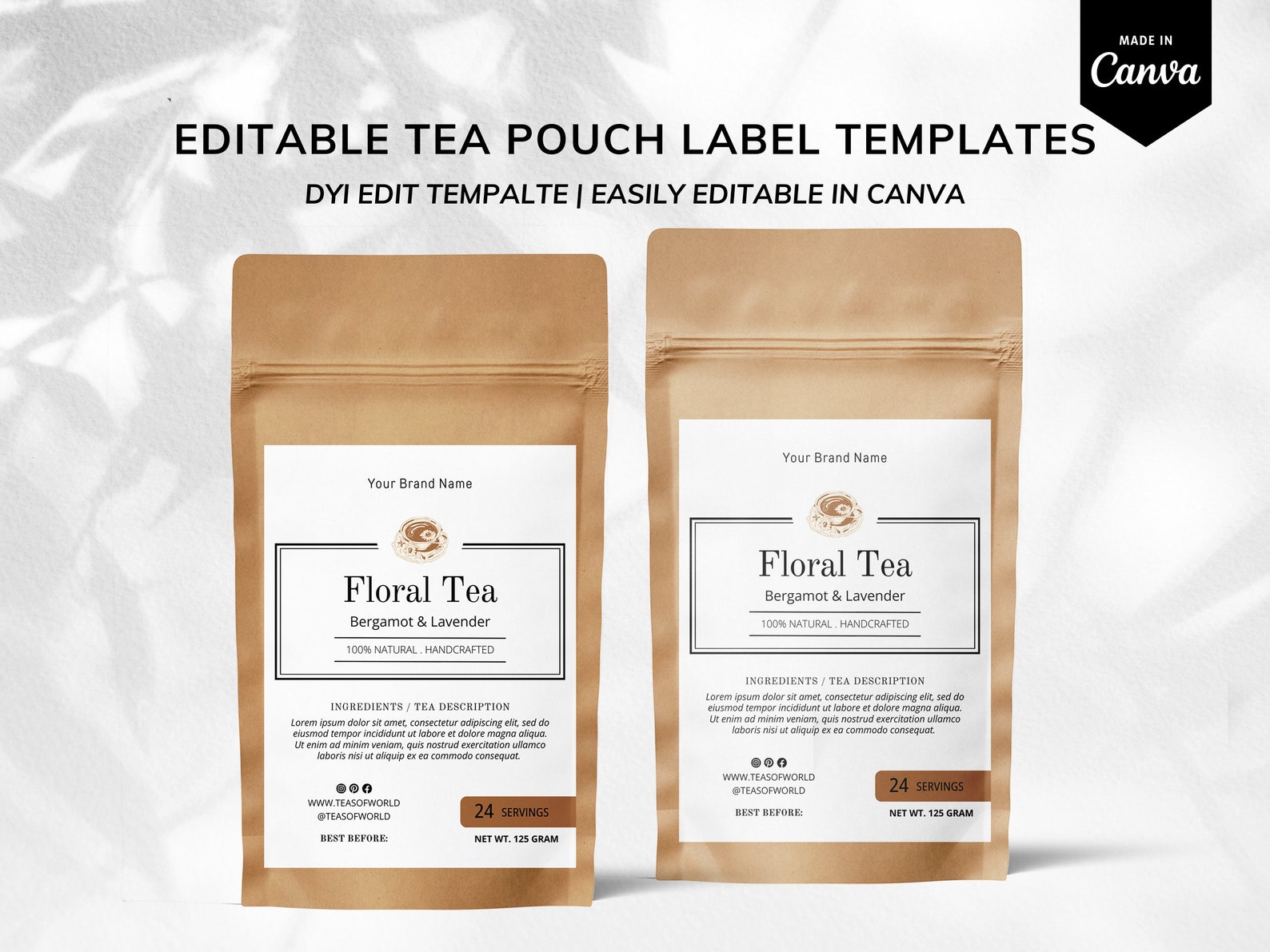 Editable Tea Pouch Label, Tea Packaging Labels, Pouch Label Template ...