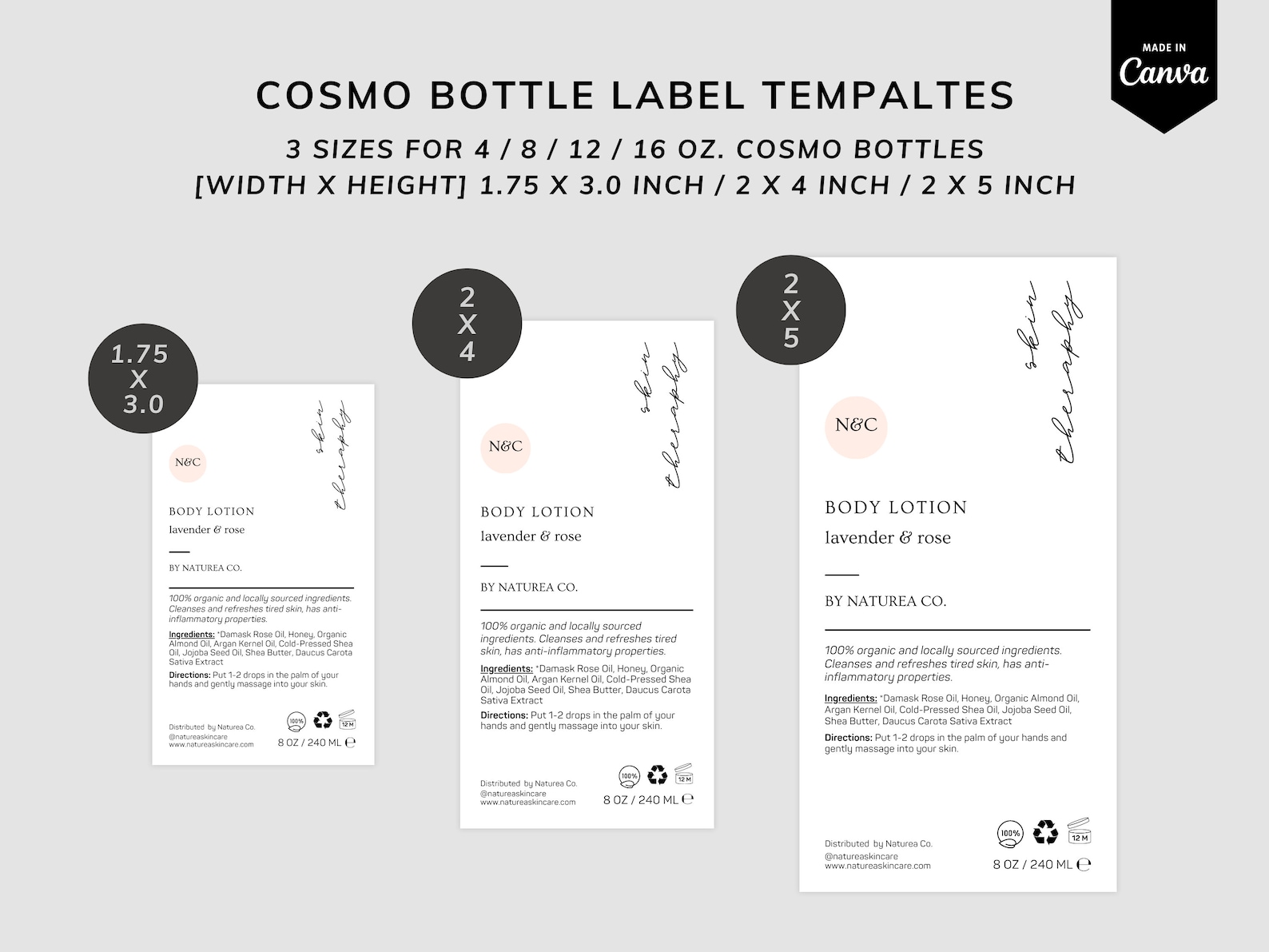Cosmo Bottle Label Template, Front Cosmetic Bottle Label, 8oz & 16oz ...