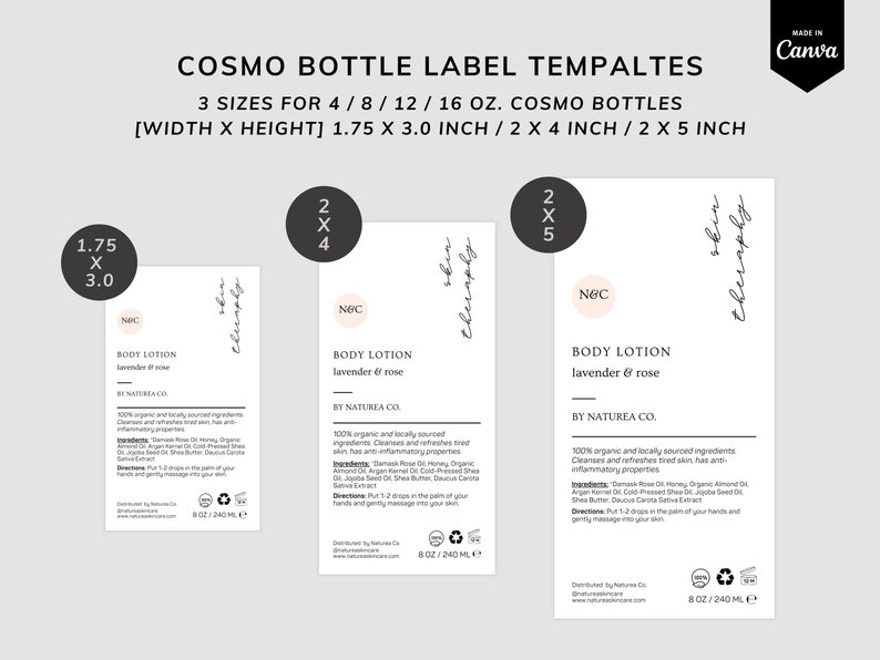Cosmo Bottle Label Template, Front Cosmetic Bottle Label, 8oz & 16oz ...