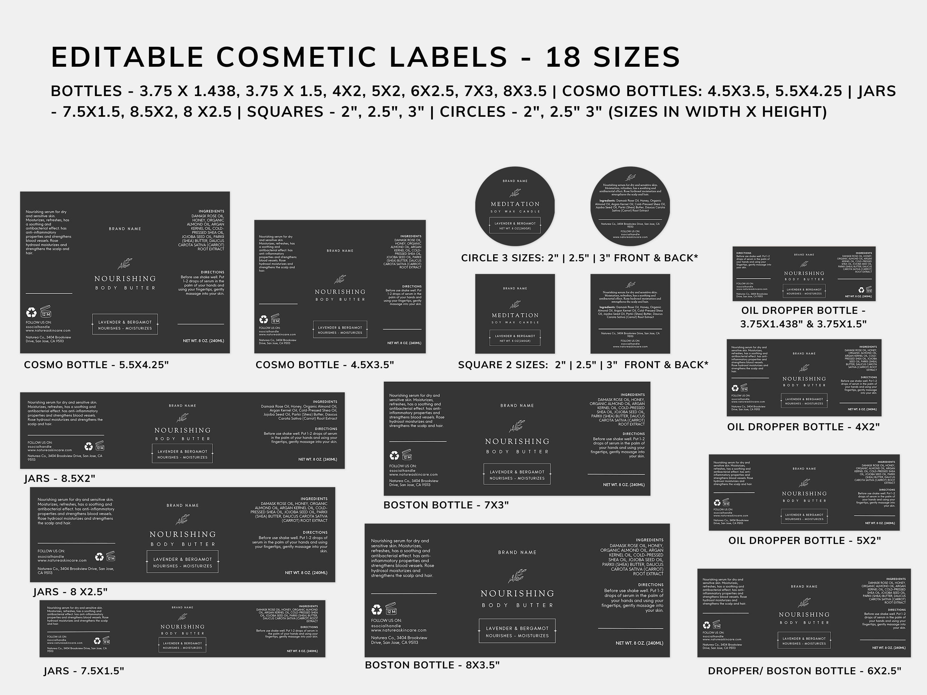 Product Label Templates Set CANVA - 18 Sizes of Cosmetic Labels ...