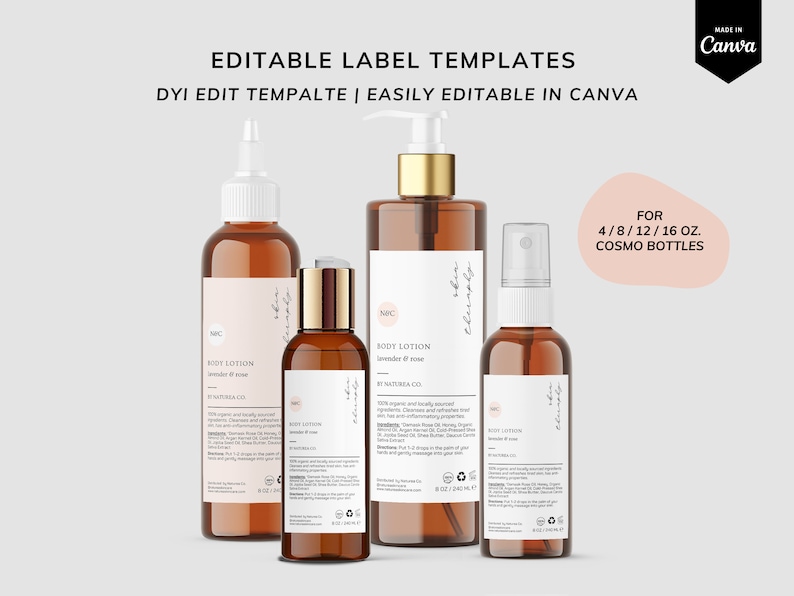 Cosmo Bottle Label Template, Front Cosmetic Bottle Label, 8oz & 16oz ...
