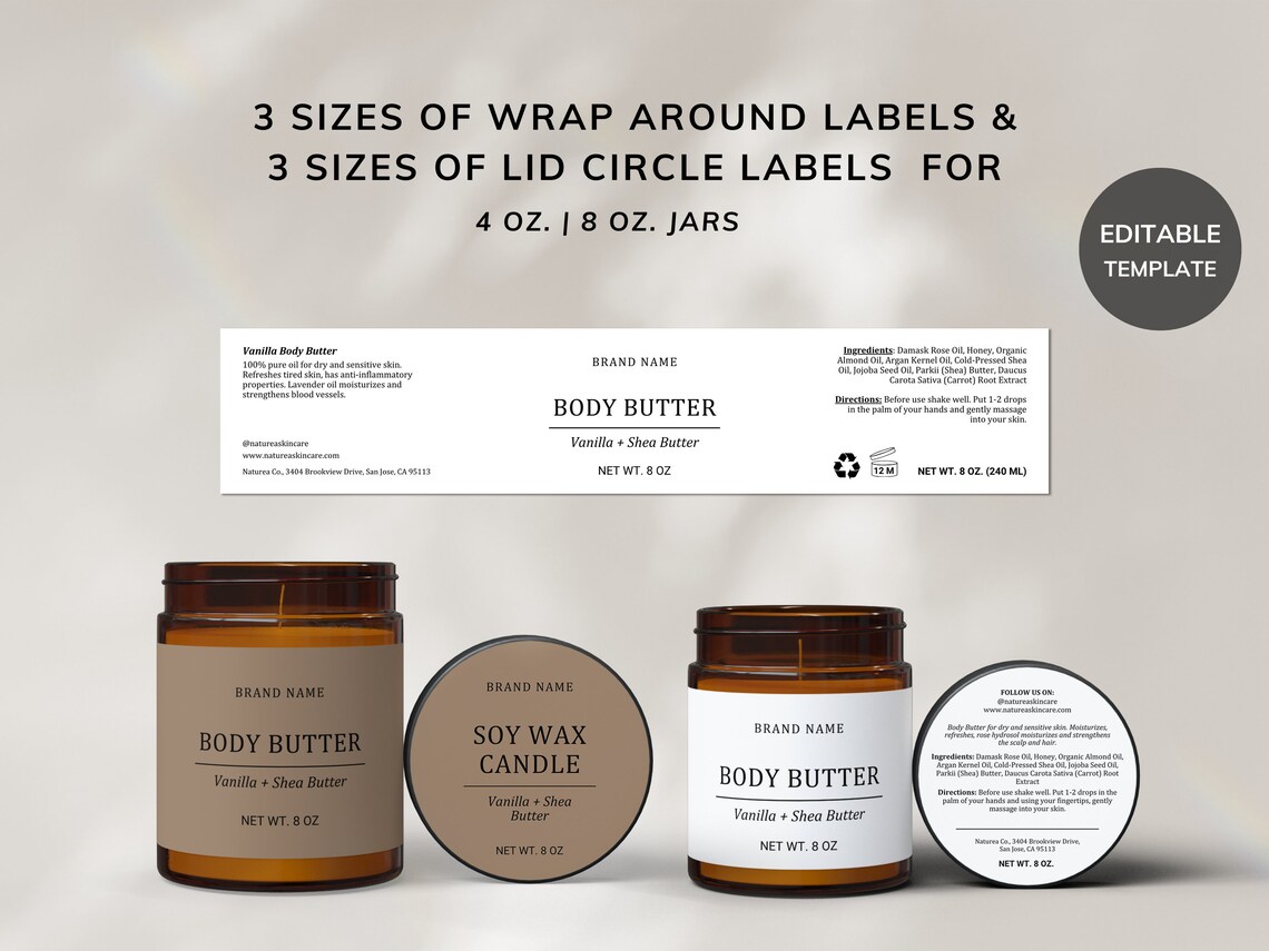 Minimal JAR Label TEMPLATE CANVA, Wrap Around Product Label & Circle ...