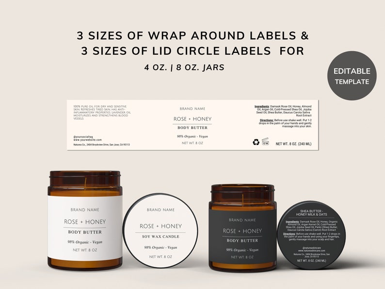 Minimal JAR Label TEMPLATE CANVA, Wrap Around Product Label & Circle ...