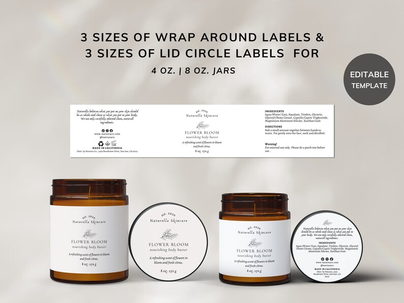 Editable JAR Label TEMPLATE CANVA, Floral Jar Label With Top Lid, Wrap ...