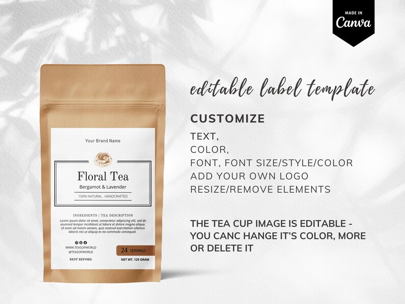 Editable Tea Pouch Label, Tea Packaging Labels, Pouch Label Template ...