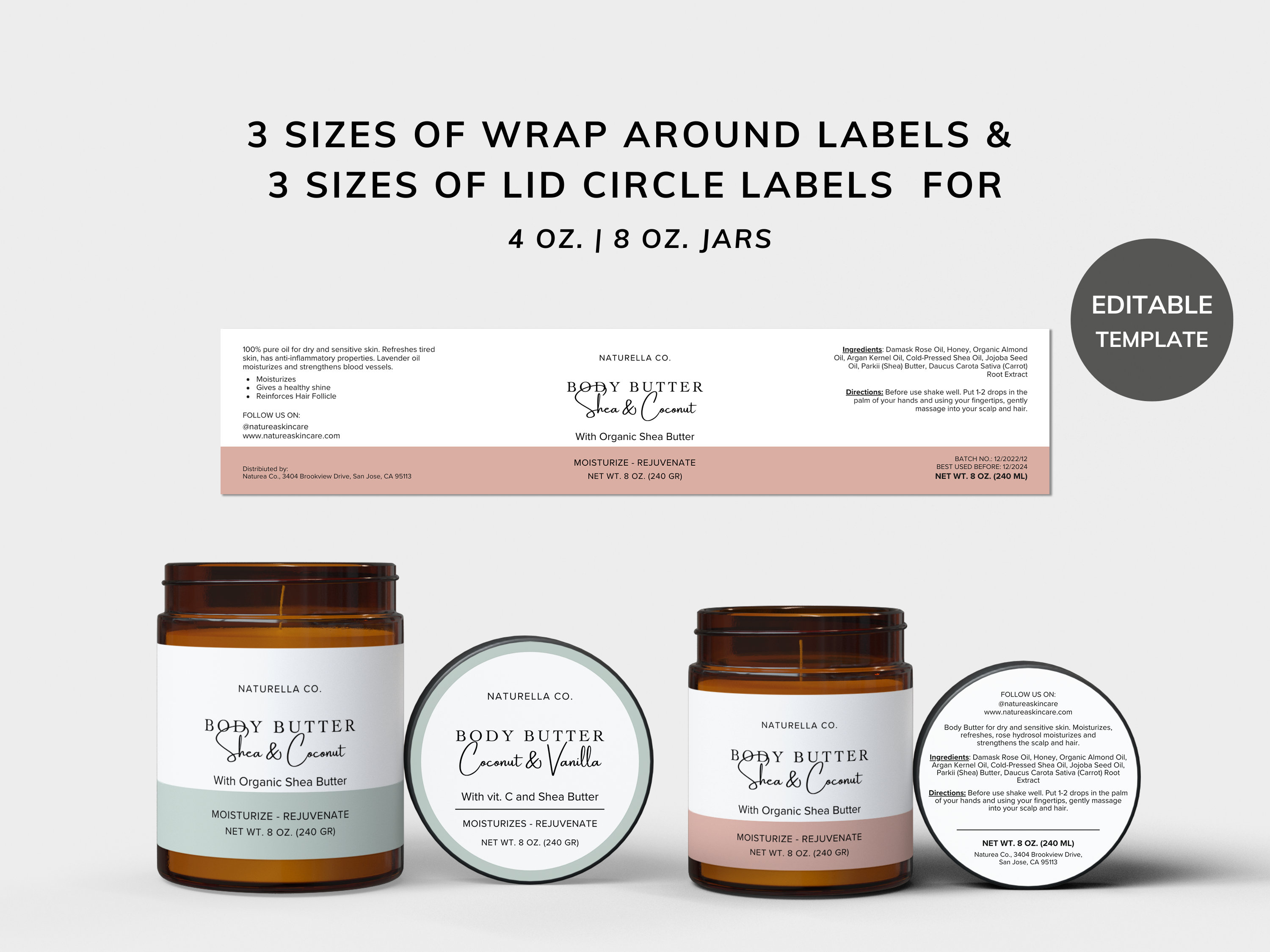 Cosmetic JAR Label, Jar Label TEMPLATE CANVA, 4 Oz | 8 Oz Jar Label ...