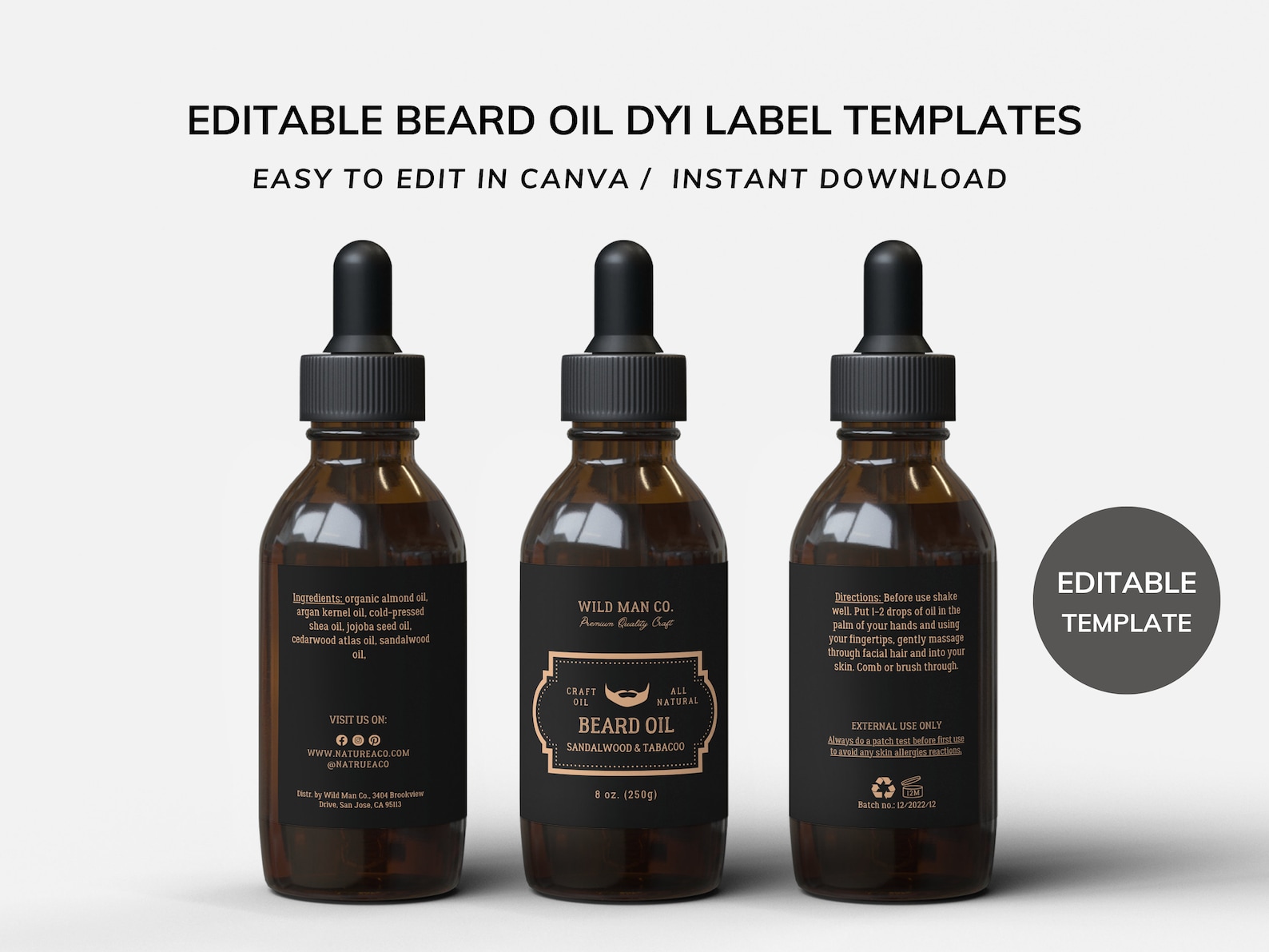 Beard Oil Bottle Label Template, Beard Care Label With Bearded Man ...
