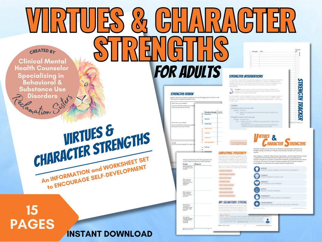 Virtues & Character Strengths Worksheet: Personal Growth, Therapy Tool ...
