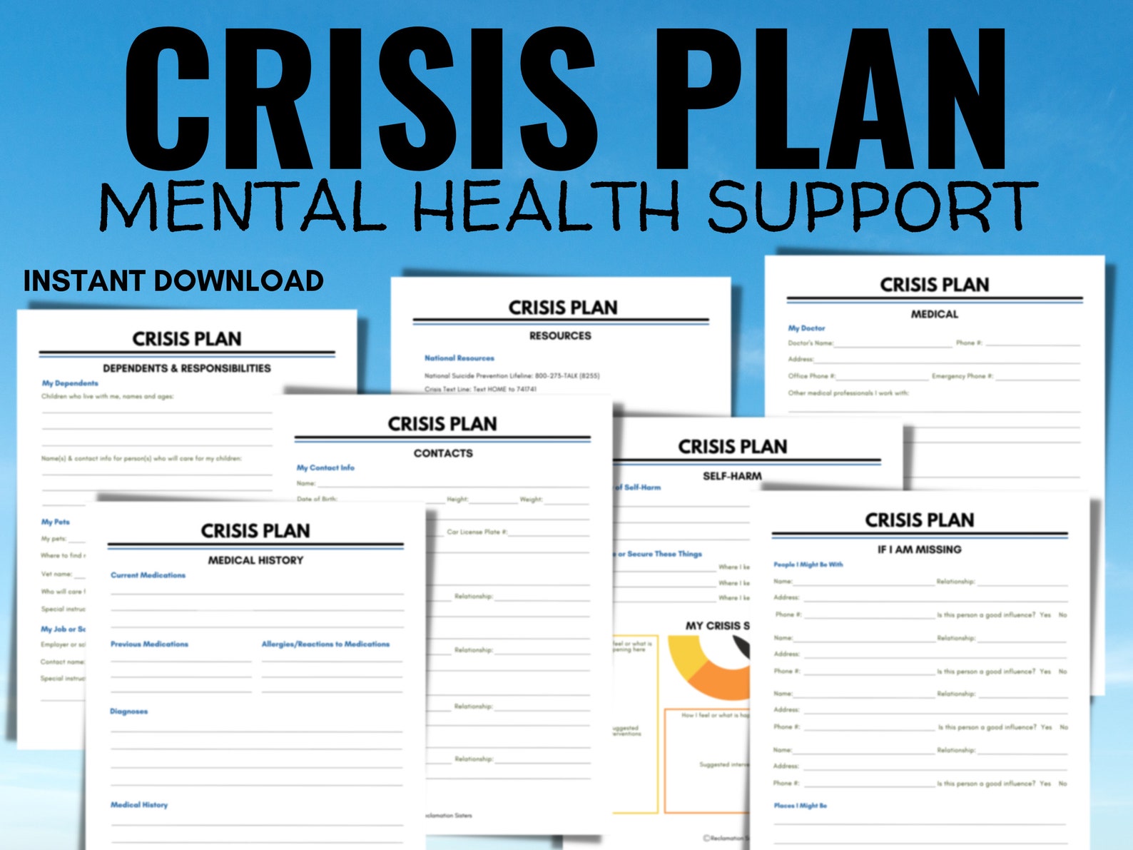 Mental Health Crisis Plan, Safety Plan, Counselor Materials, Therapy ...