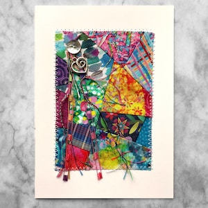 Handmade Patchwork Fiber Art Card: Quilter Gift, Silver Heart Charm - Etsy