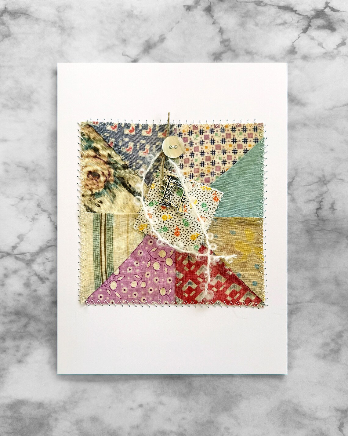 Handmade Vintage Quilt Card: Flour Sack Patchwork, Mother of Pearl ...