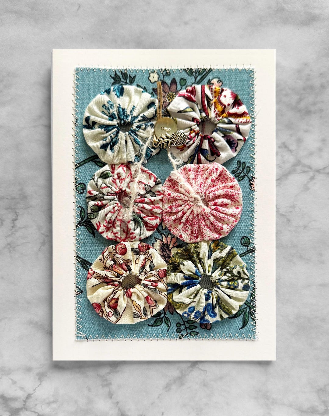 Handmade Colonial Williamsburg Fabric Card: Yoyo Fiber Art Greeting ...