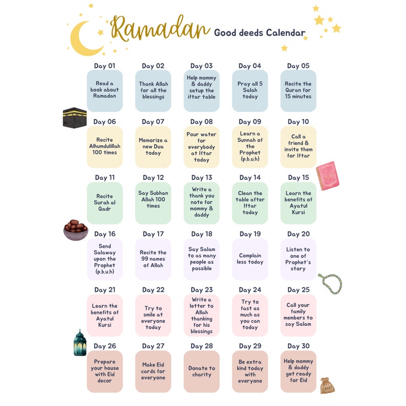 Ramadan Good Deeds Calendar, Ramadan Activity for Kids, Ramadan Good ...