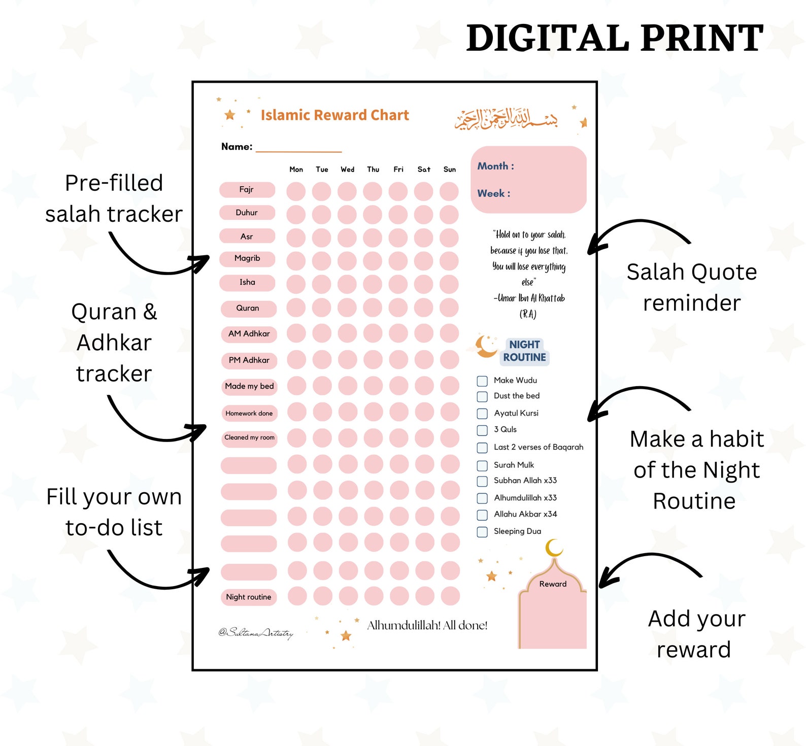 Islamic Reward Chart, Reward Chart for Kids, Salah Tracker, Muslim ...