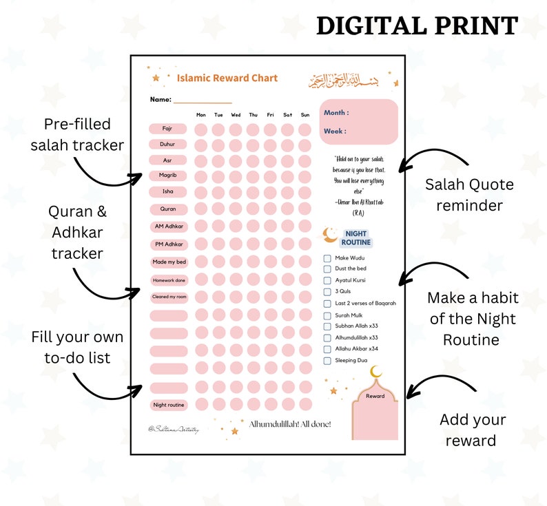 Islamic Reward Chart, Reward Chart for Kids, Salah Tracker, Muslim ...