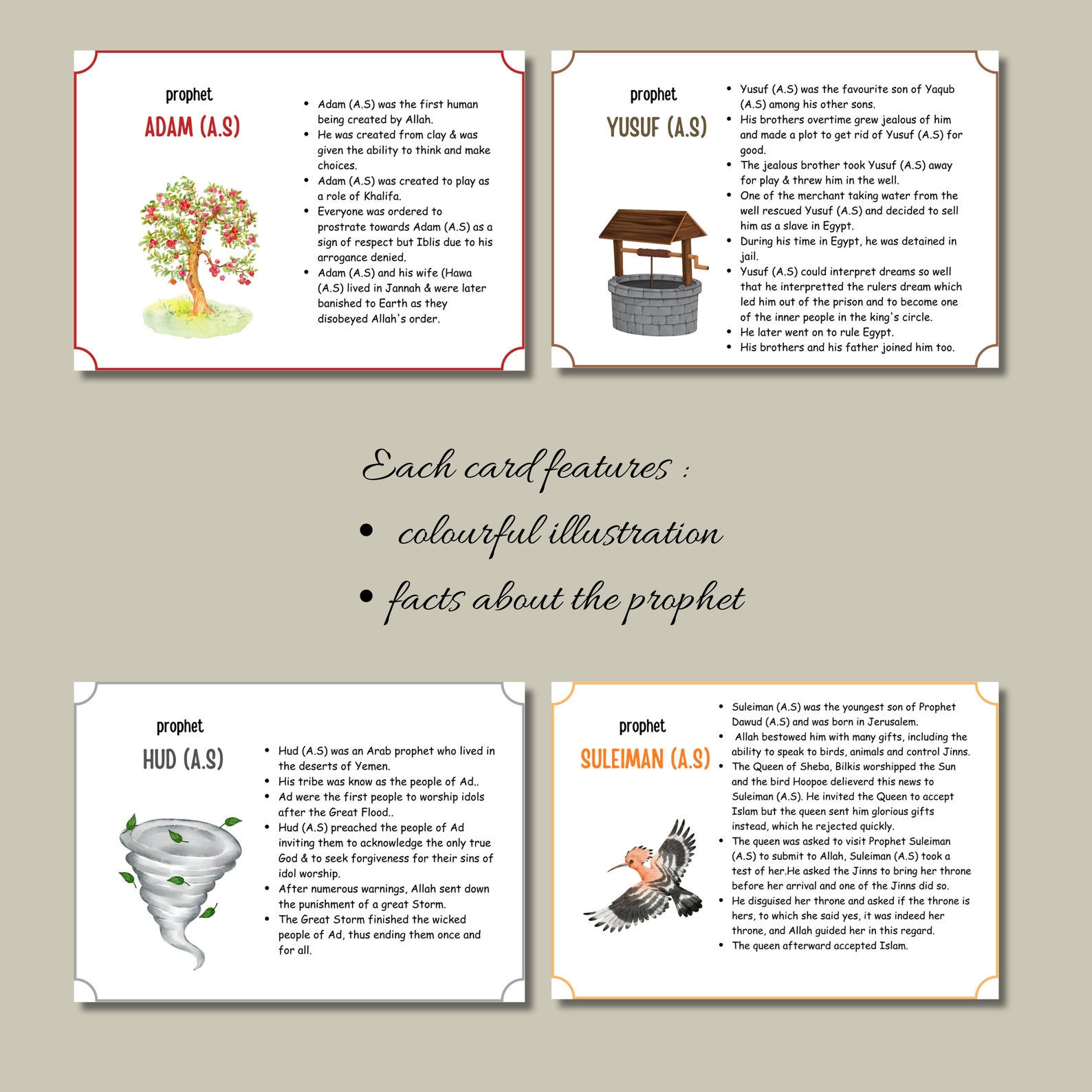 Prophets in Islam Cards for Kids, Prophets Flashcards, Prophets in ...
