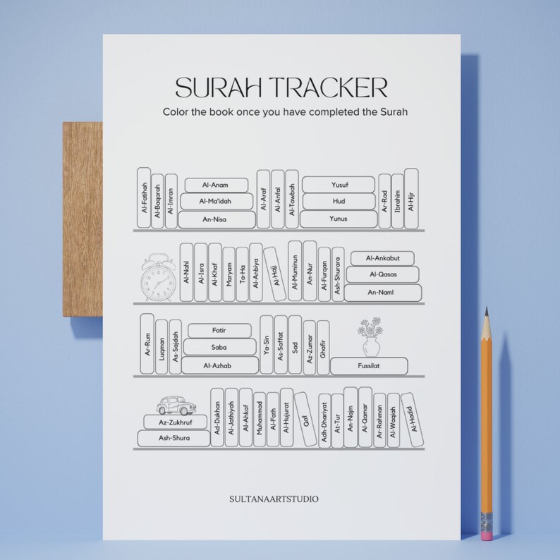 Printable Color in Surah Tracker, Book Shelf Tracker-114 Books, Quran ...