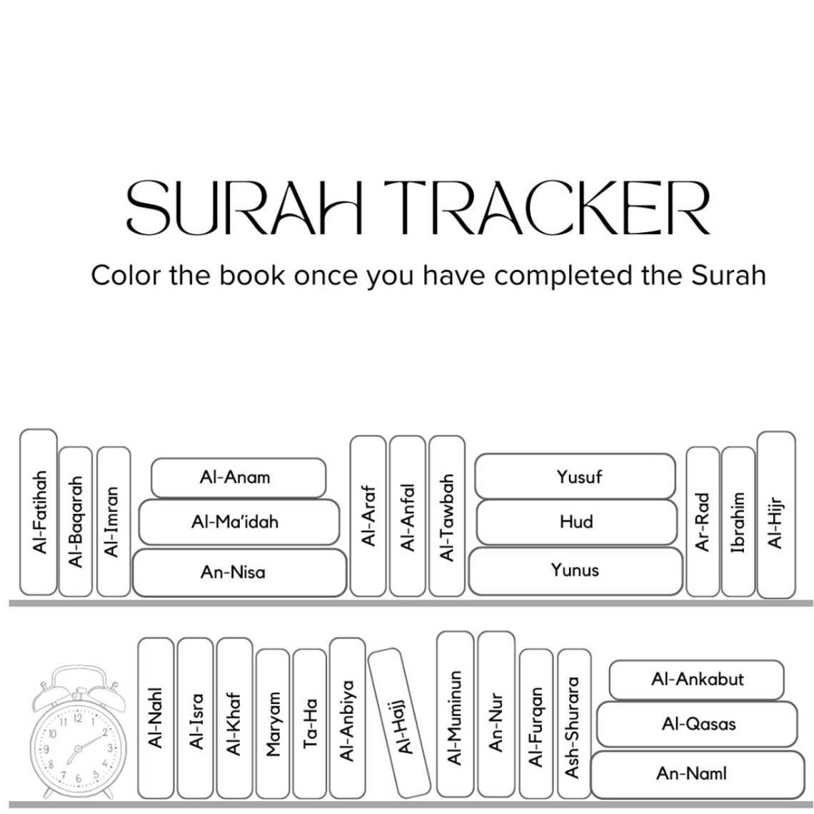 Printable Color in Surah Tracker, Book Shelf Tracker-114 Books, Quran ...