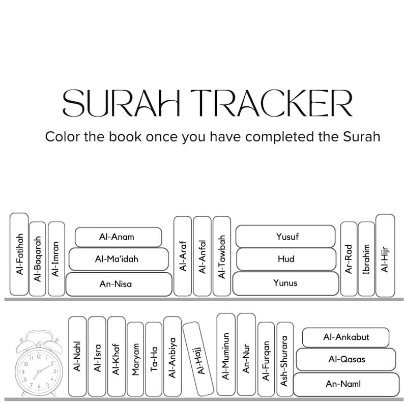 Printable Color in Surah Tracker, Book Shelf Tracker-114 Books, Quran ...