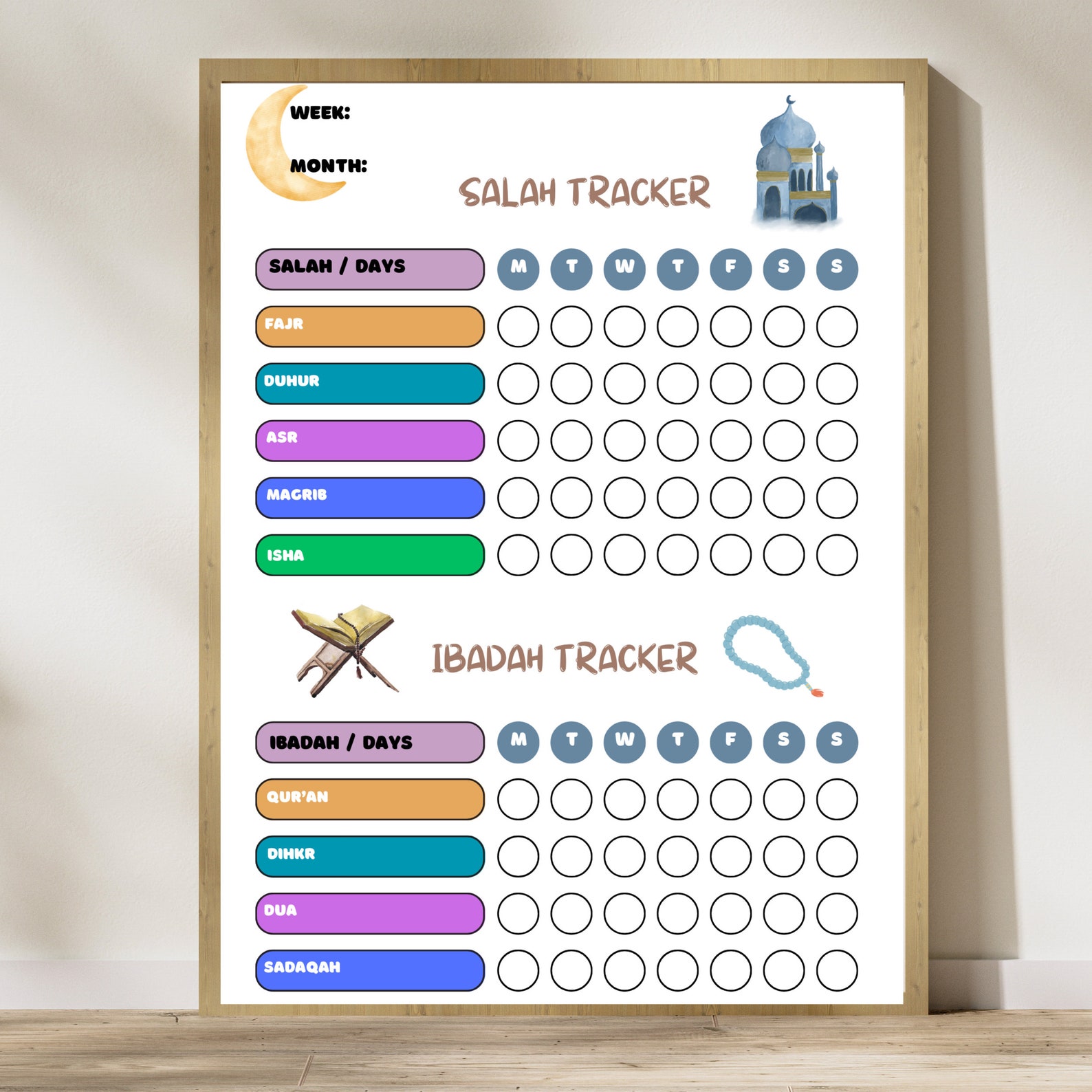 Salah Tracker, Ibadan Tracker, Kids Prayer Tracker, Islamic Wall Art ...