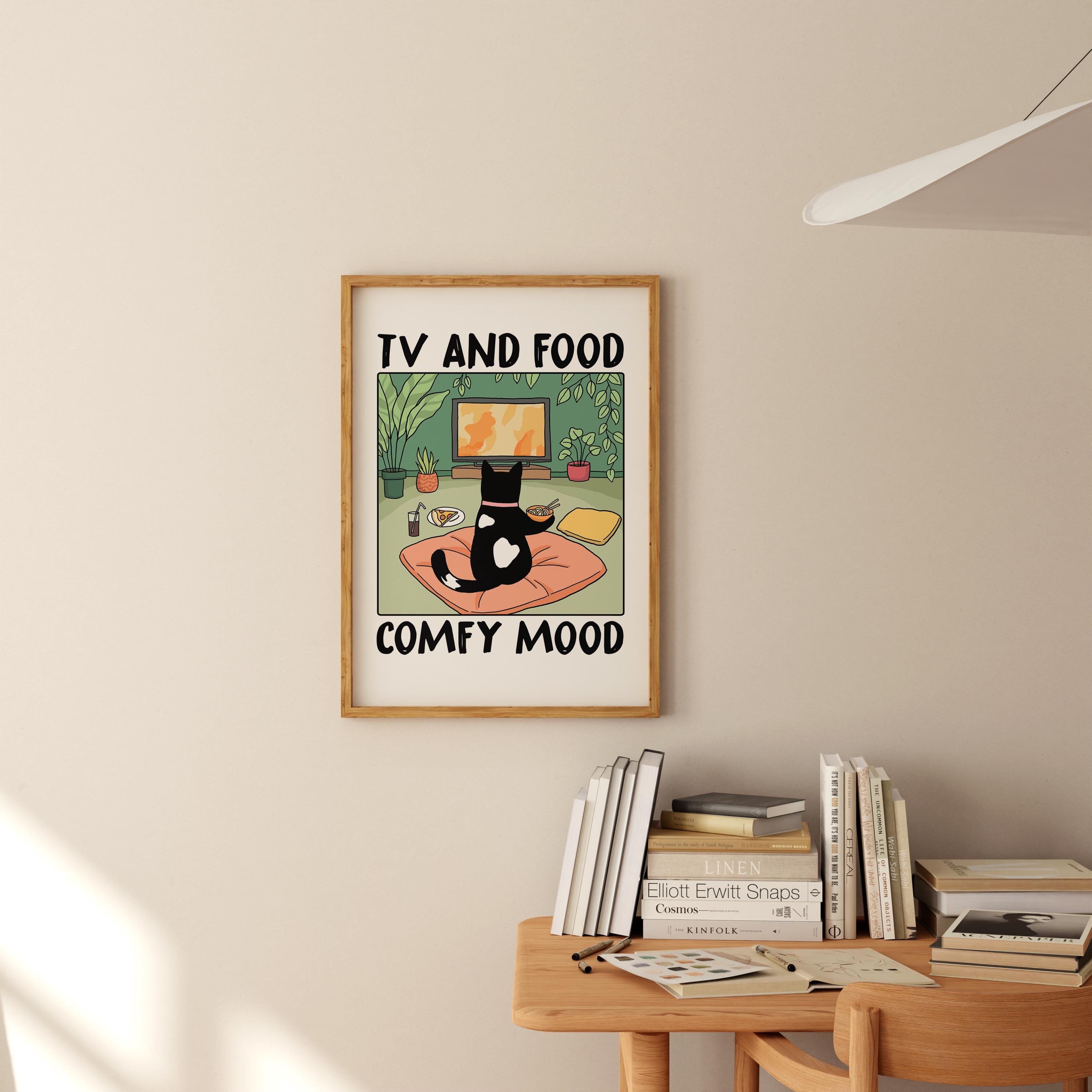 TV and Food Comfy Mood Black Cat Poster, Living Room Wall Decor ...