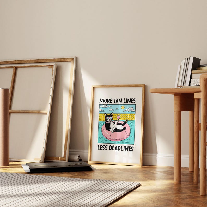 More Tan Lines Less Deadlines Chill Cat Wall Print, Relax Pool Cat ...