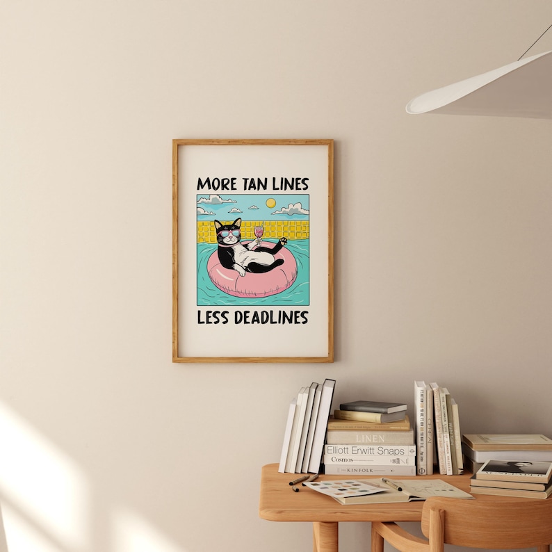 More Tan Lines Less Deadlines Chill Cat Wall Print, Relax Pool Cat ...