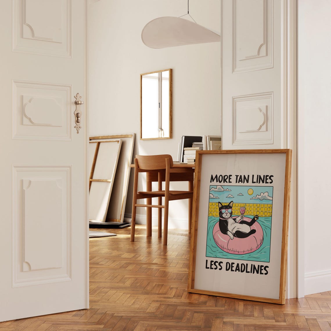 More Tan Lines Less Deadlines Chill Cat Wall Print, Relax Pool Cat ...
