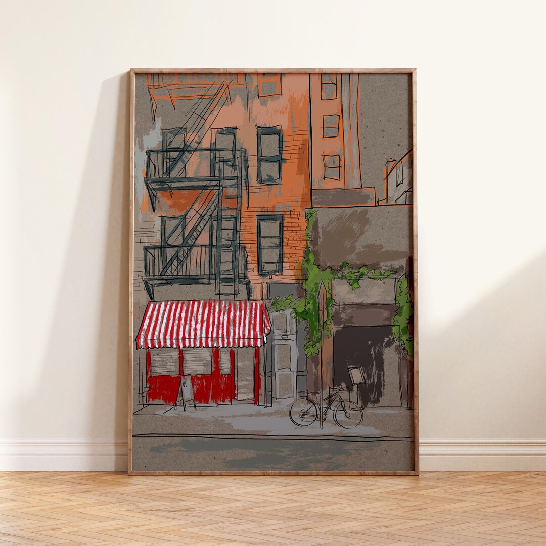 New York City Street Art Print, NYC Urban Sketch Digital Download, Red ...