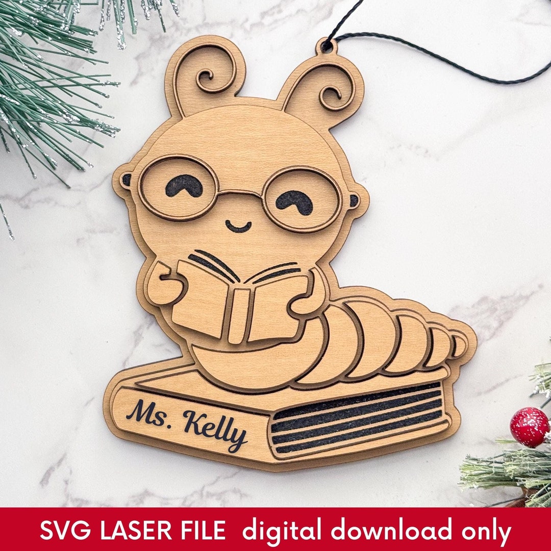 Cute Bookworm Christmas Ornament Laser File, Layered Wooden Bookish ...