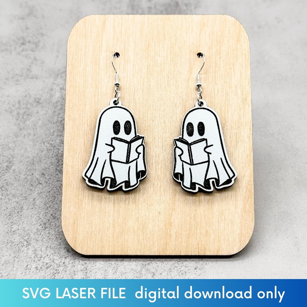 Cute Bookish Ghost Earrings Laser File SVG, Reading Ghost Halloween ...