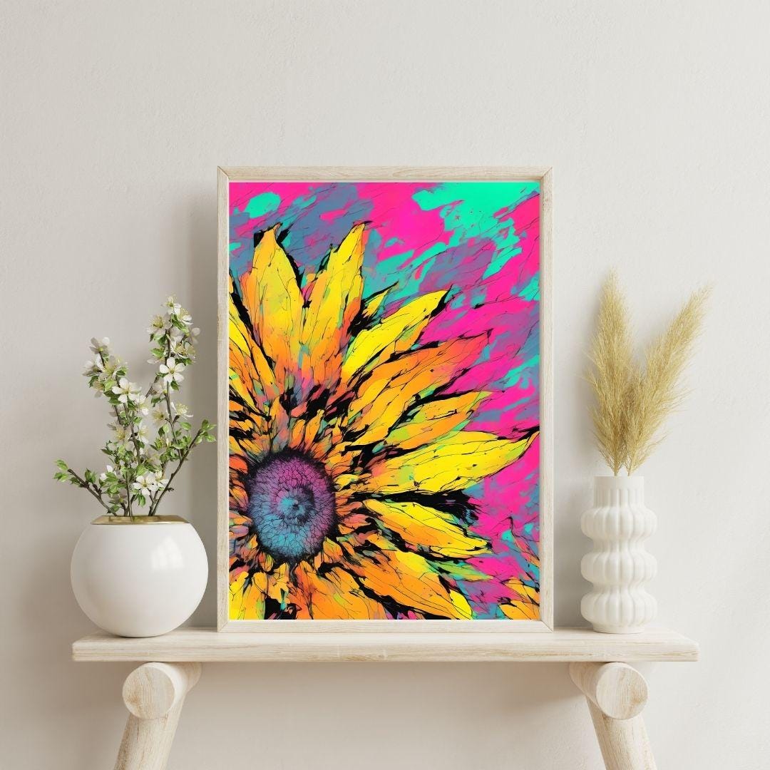 Bold Sunflower Wall Art | Colorful Abstract Flower Printable | Neon ...