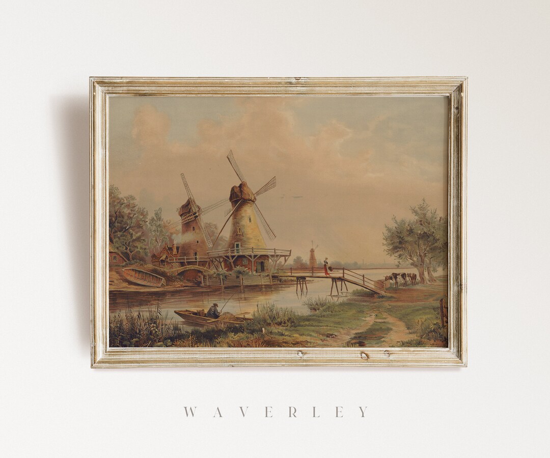 Dutch Windmill Print Vintage Landscape Painting Antique - Etsy