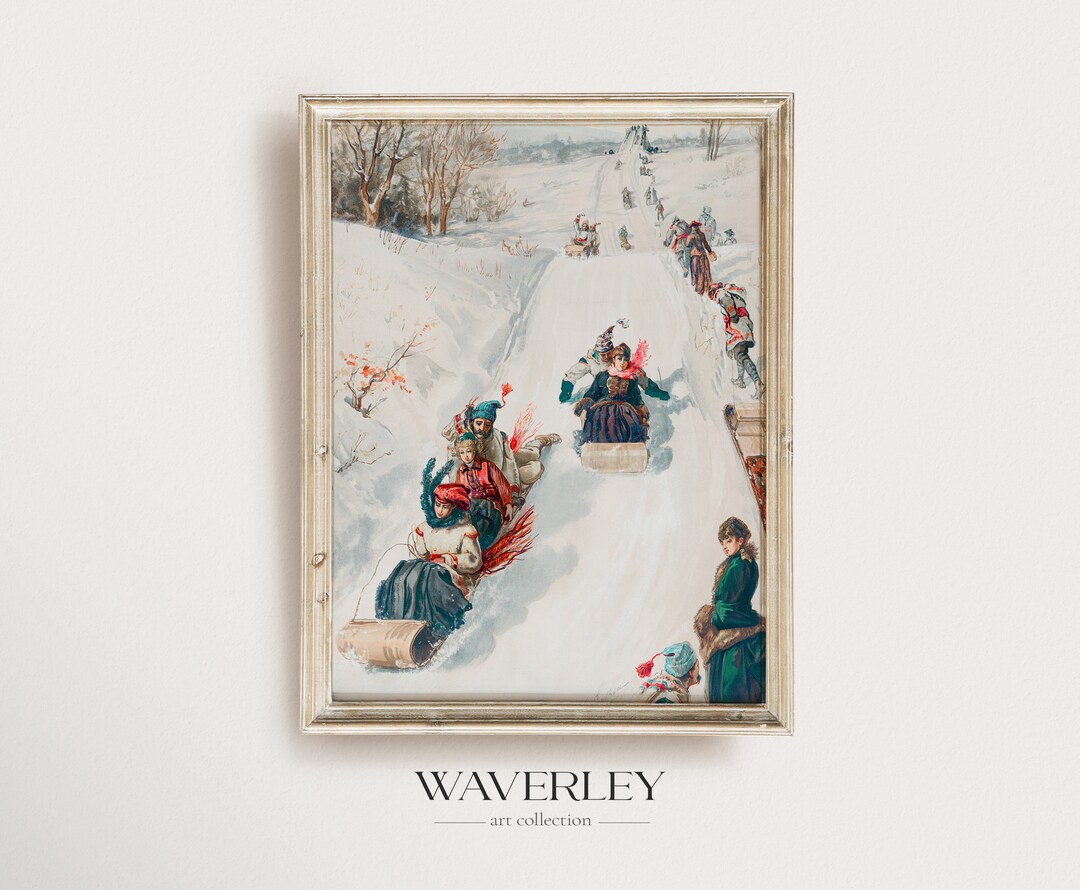 Christmas Festive Painting, Winter Art, Children Sledding Painting ...